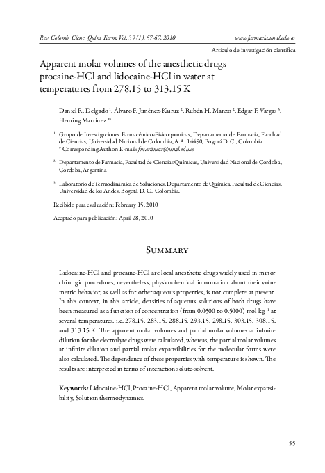 (PDF) Volúmenes molares aparentes de los anestésicos procaína-HCl y ...