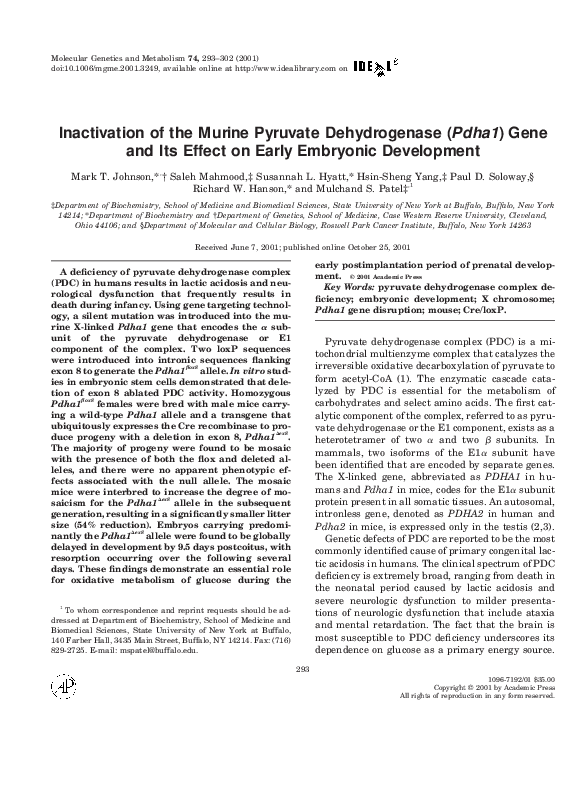 (PDF) Inactivation of the Murine Pyruvate Dehydrogenase (Pdha1) Gene ...
