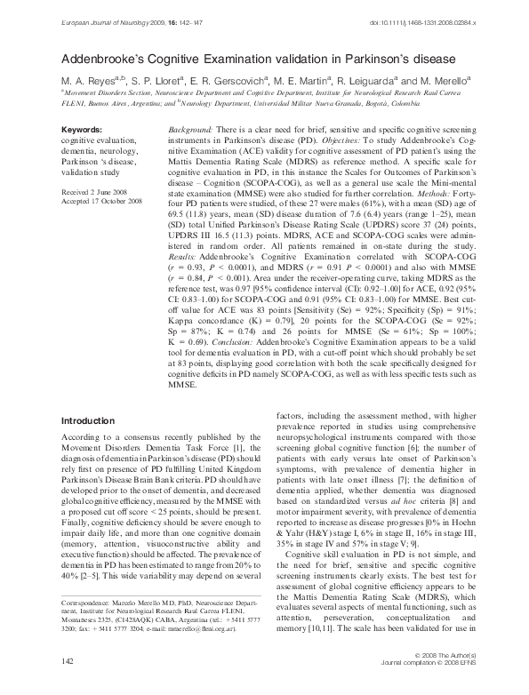 (PDF) Addenbrooke’s Cognitive Examination validation in Parkinson’s disease