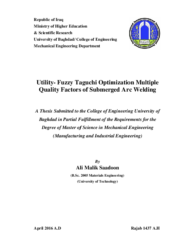 (PDF) Utility Fuzzy Taguchi Optimization Multiple Quality Factors of Submerged Arc Welding.pdf