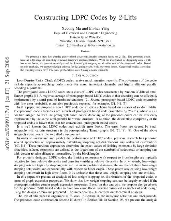 Pdf Constructing Ldpc Codes By 2 Lifts En Hui Yang