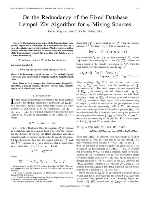 Pdf On The Redundancy Of The Fixed Database Lempel Ziv Algorithm For