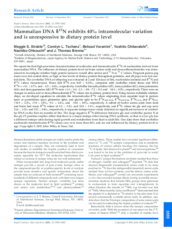 (PDF) Mammalian DNA δ15N exhibits 40‰ intramolecular variation and is ...