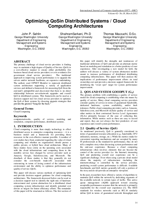 (PDF) Optimizing QoSin Distributed Systems / Cloud Computing Architectures