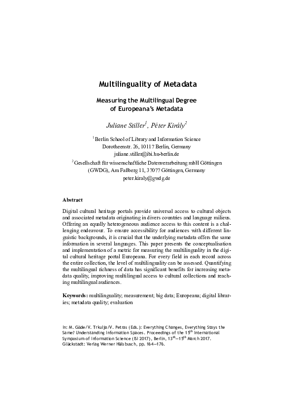 (PDF) Multilinguality of Metadata. Measuring the Multilingual Degree of ...
