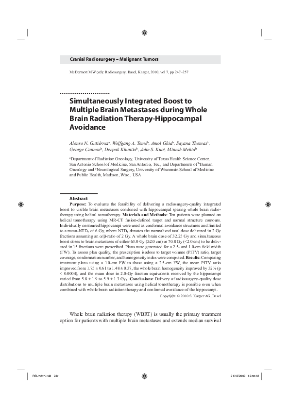 Pdf Simultaneously Integrated Boost To Multiple Brain Metastases