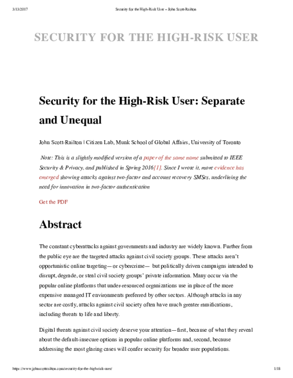 (PDF) Security for the High-Risk User: Separate and Unequal