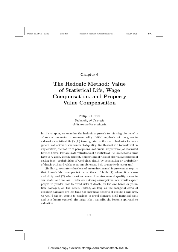 (PDF) The Hedonic Method: Value of Statistical Life, Wage Compensation ...