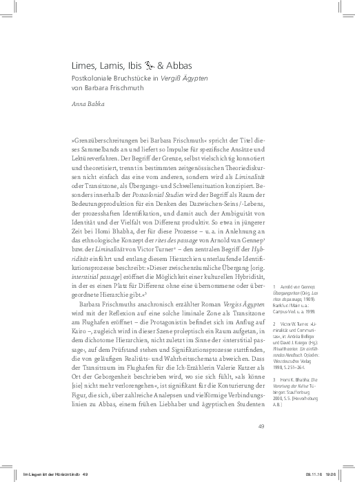 (PDF) Anna Babka: Limes, Lamis, Ibis & Abbas Postkoloniale Bruchstücke ...