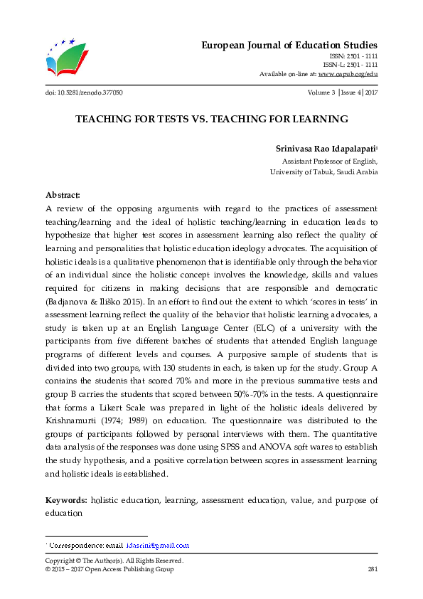 TEACHING FOR TESTS VS. TEACHING FOR LEARNING