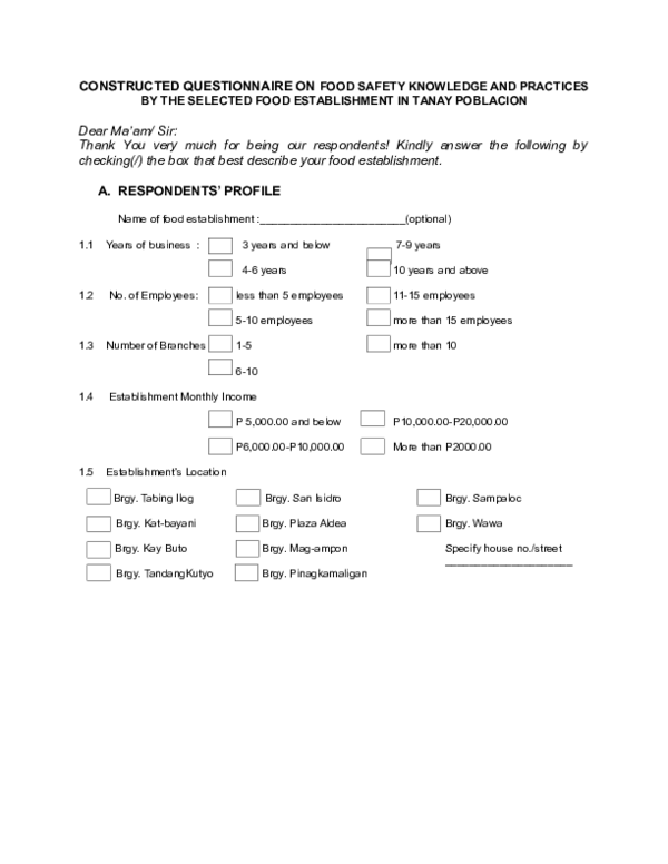(DOC) CONSTRUCTED QUESTIONNAIRE ON FOOD SAFETY KNOWLEDGE AND PRACTICES ...