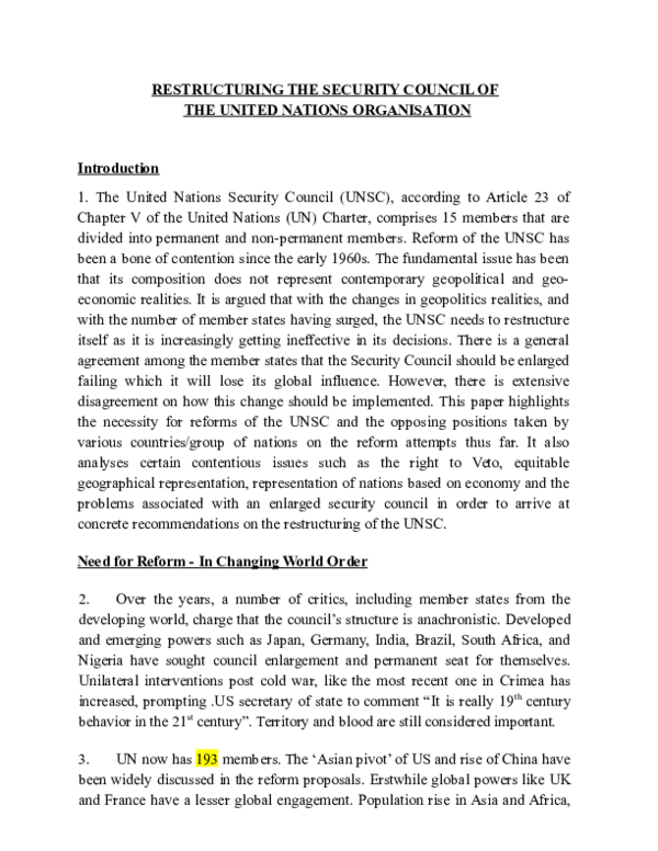 (DOC) RESTRUCTURING THE SECURITY COUNCIL OF THE UNITED NATIONS ORGANISATION