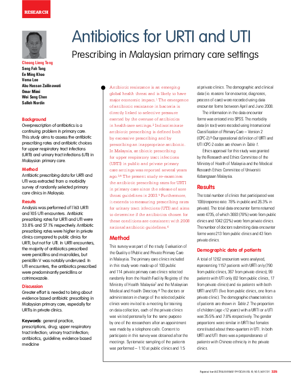 (PDF) Antibiotics for URTI and UTI -- prescribing in Malaysian primary ...