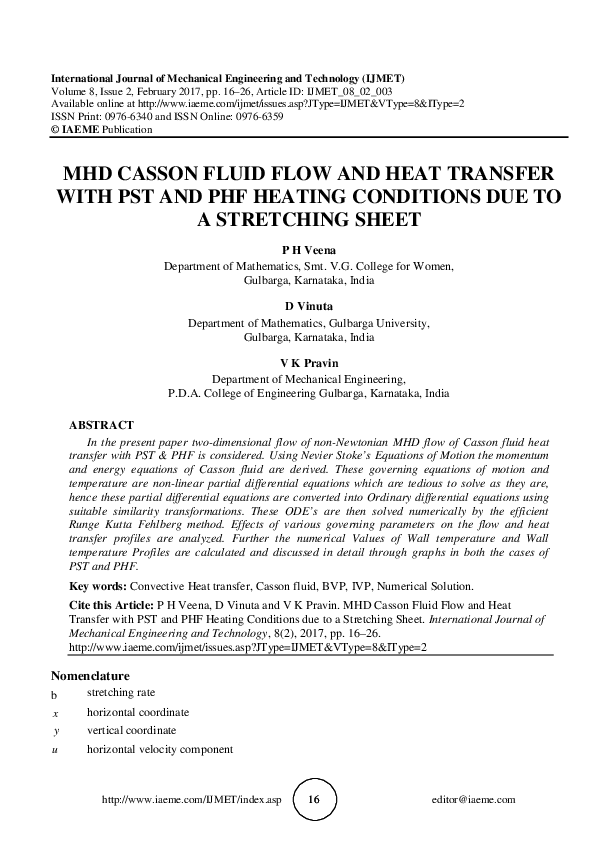 (PDF) MHD CASSON FLUID FLOW AND HEAT TRANSFER WITH PST AND PHF HEATING CONDITIONS DUE TO A ...