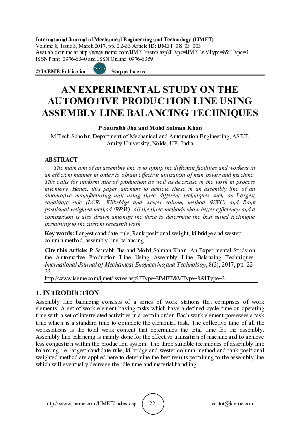 (PDF) AN EXPERIMENTAL STUDY ON THE AUTOMOTIVE PRODUCTION LINE USING ...