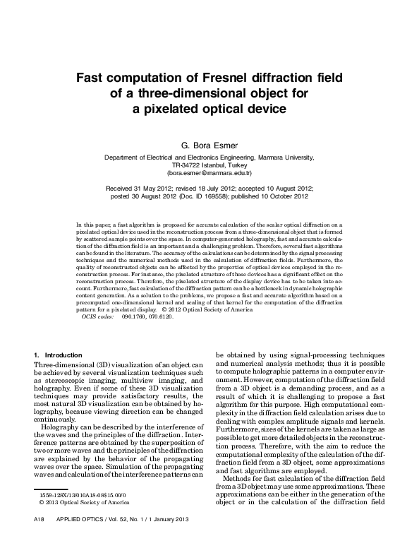 (PDF) Fast computation of Fresnel diffraction field of a three-dimensional object for a ...