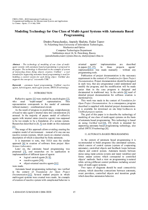 (PDF) Modeling Technology for One Class of Multi-Agent Systems with Automata Based Programming