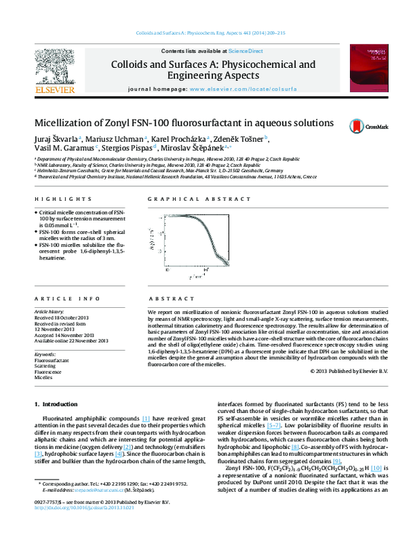 (PDF) Micellization of Zonyl FSN-100 fluorosurfactant in aqueous solutions