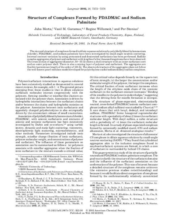 (PDF) Structure of Complexes Formed by PDADMAC and Sodium Palmitate