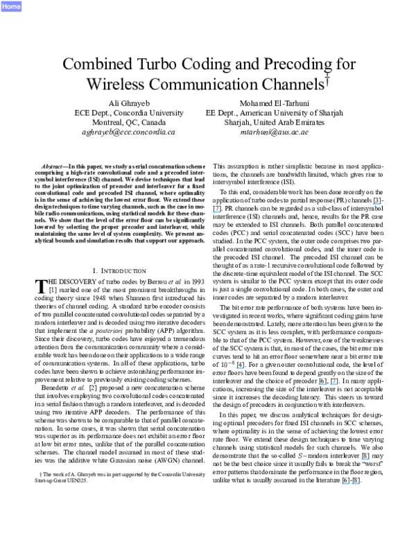Pdf Combined Turbo Coding And Precoding For Wireless Communication