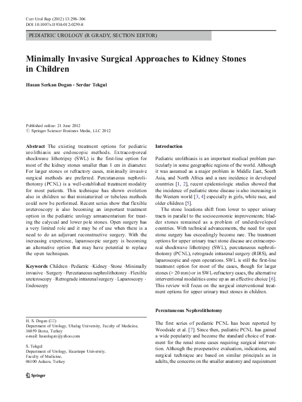 (PDF) Minimally Invasive Surgical Approaches to Kidney Stones in Children