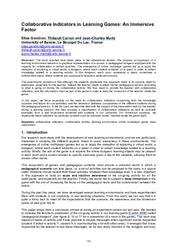 (PDF) Collaborative Indicators in Learning Games: an immersive factor