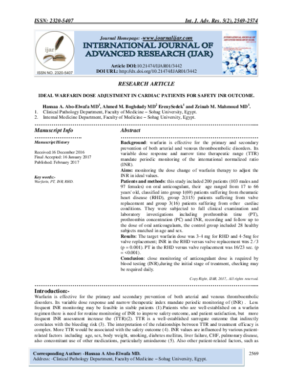 (PDF) IDEAL WARFARIN DOSE ADJUSTMENT IN CARDIAC PATIENTS FOR SAFETY INR ...