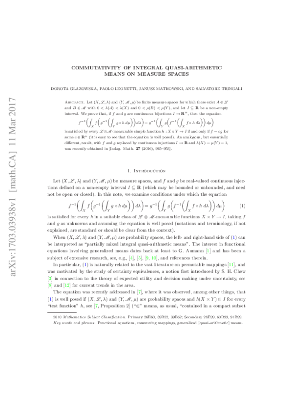 Pdf Commutativity Of Integral Quasi Arithmetic Means On Measure Spaces