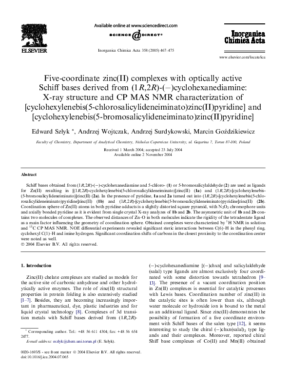 (PDF) Five-coordinate zinc(II) complexes with optically active Schiff bases derived from (1R,2R ...