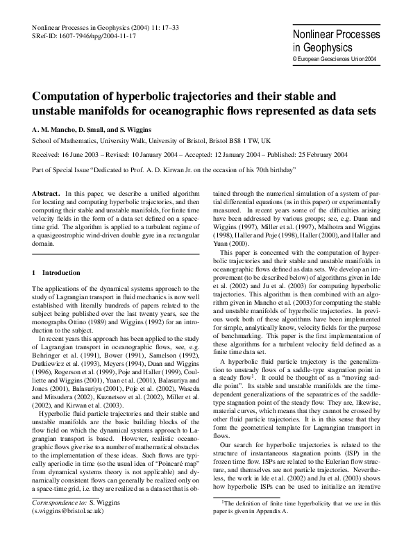 (PDF) Computation of hyperbolic trajectories and their stable and unstable manifolds for ...
