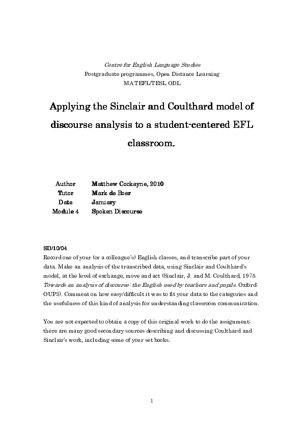 (PDF) Applying the Sinclair and Coulthard model of Applying the ...