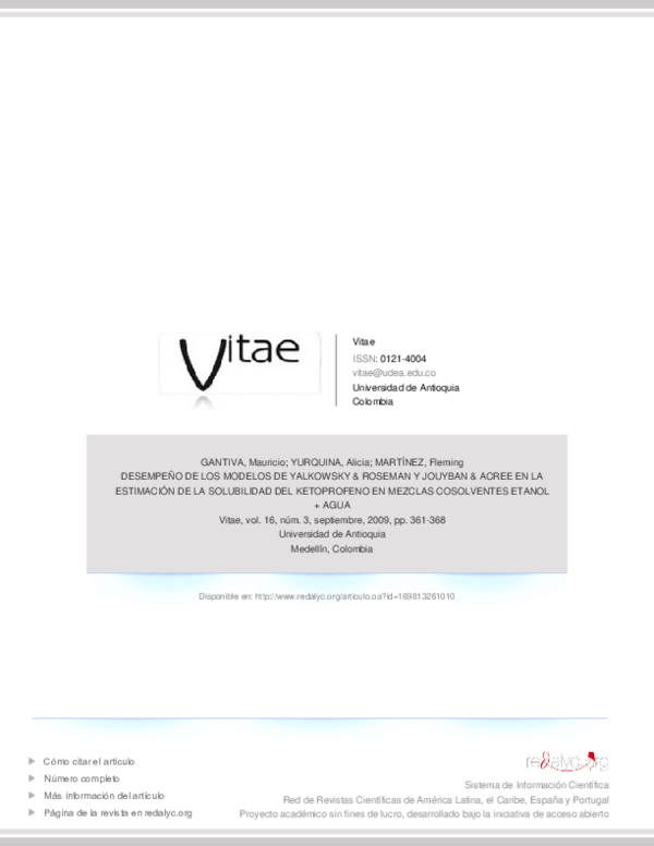 Pdf Desempeño De Los Modelos De Yalkowsky And Roseman Y Jouyban And Acree En La Estimación De La