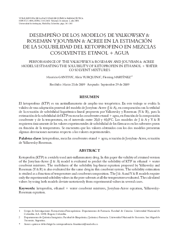 Pdf Performance Of The Yalkowsky And Roseman And Jouyban And Acree Models Estimating The