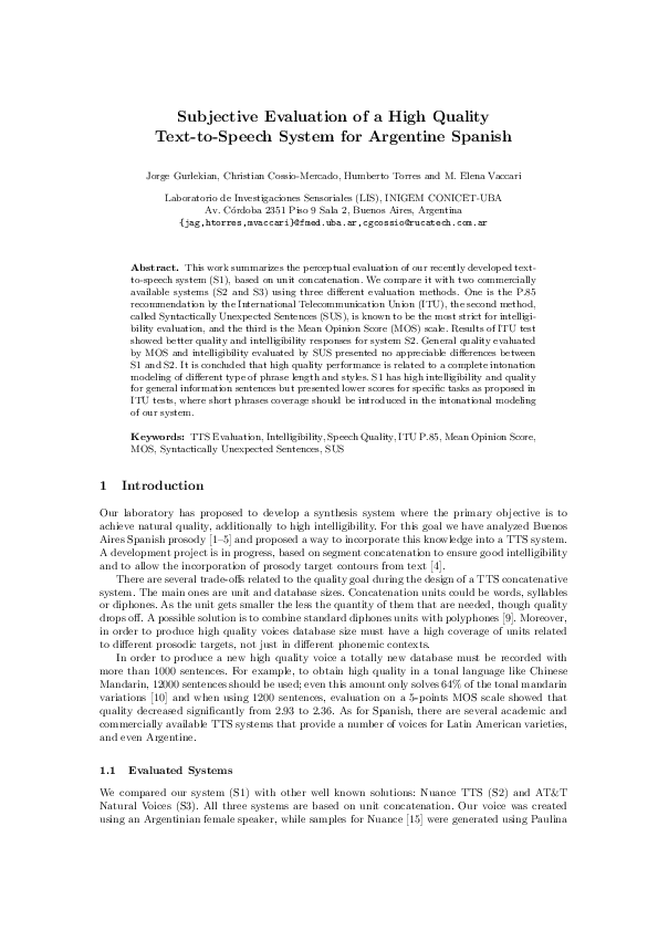 (PDF) Subjective Evaluation of a High Quality Text-to-Speech System for ...