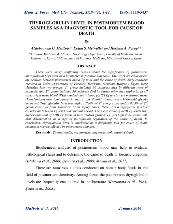 (PDF) THYROGLOBULIN LEVEL IN POSTMORTEM BLOOD SAMPLES AS A DIAGNOSTIC ...
