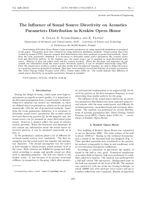 (PDF) The influence of sound source directivity on acoustics parameters distribution in Krakow ...