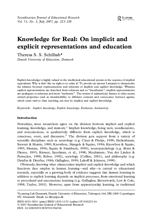 (PDF) Knowledge for Real: On implicit and explicit representations and education