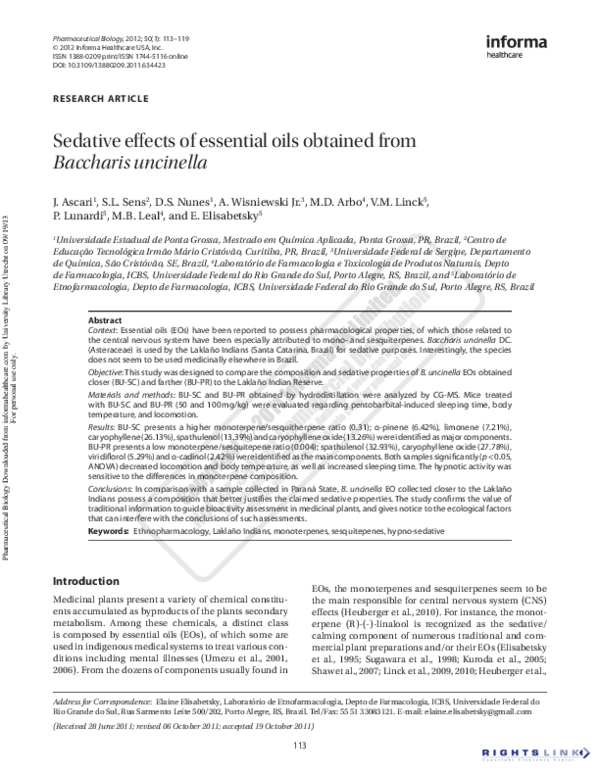(PDF) Sedative effects of essential oils obtained from Baccharis uncinella