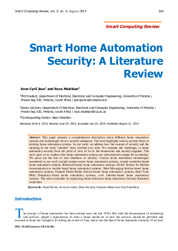 (PDF) Smart Computing Review Smart Home Automation Security: A Literature Review