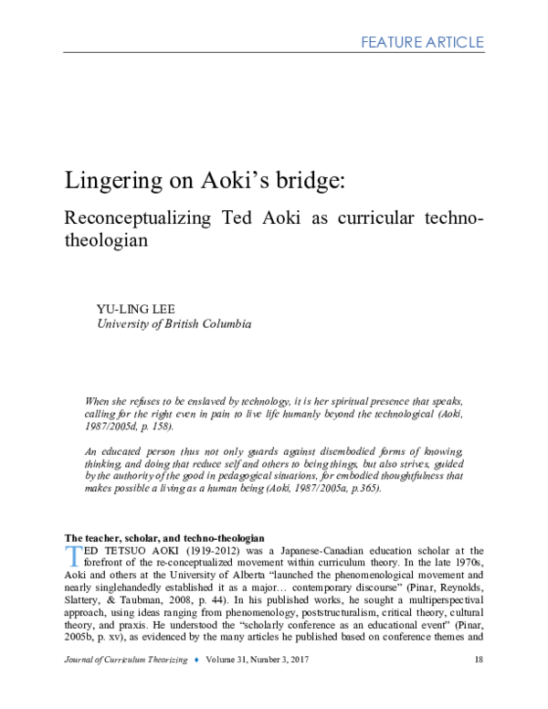(PDF) Lingering on Aoki's bridge: Reconceptualizing Ted Aoki as ...