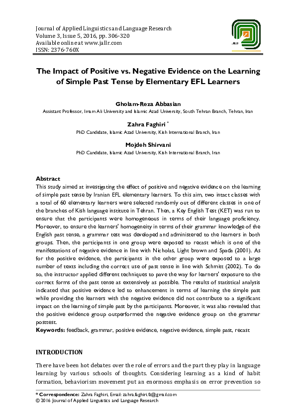 (PDF) The Impact of Positive vs. Negative Evidence on the Learning of ...