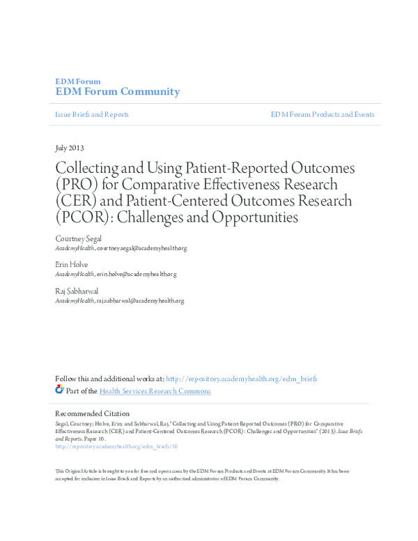 (PDF) Collecting and Using Patient-Reported Outcomes (PRO) for Comparative Effectiveness ...