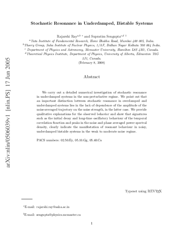 (PDF) Stochastic Resonance in Underdamped, Bistable Systems | rajarshi ray - Academia.edu