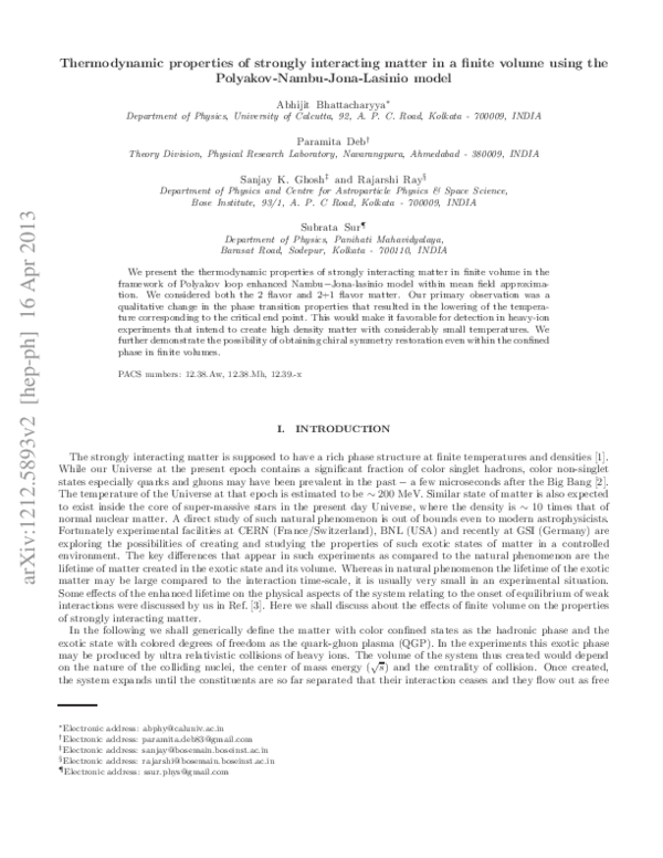 (PDF) Thermodynamic properties of strongly interacting matter in a finite volume using the ...