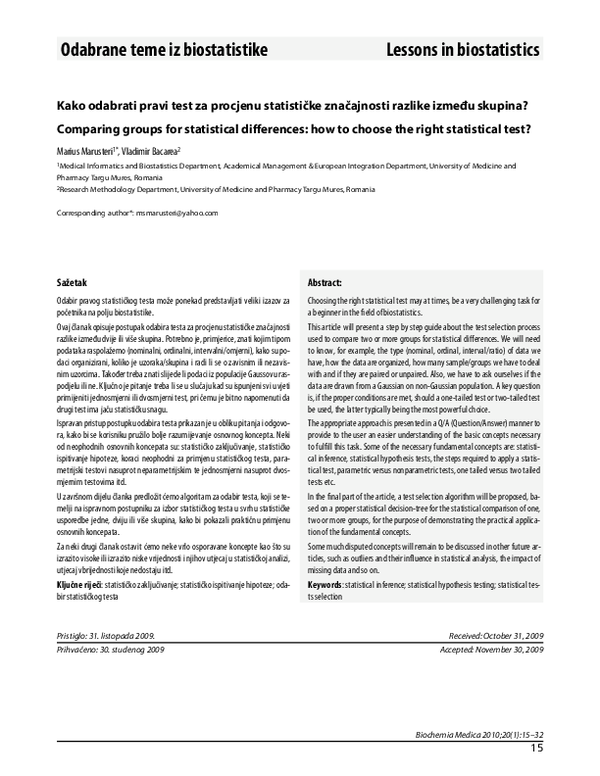 (PDF) Odabrane teme iz biostatistike Lessons in biostatistics Ab stra ct