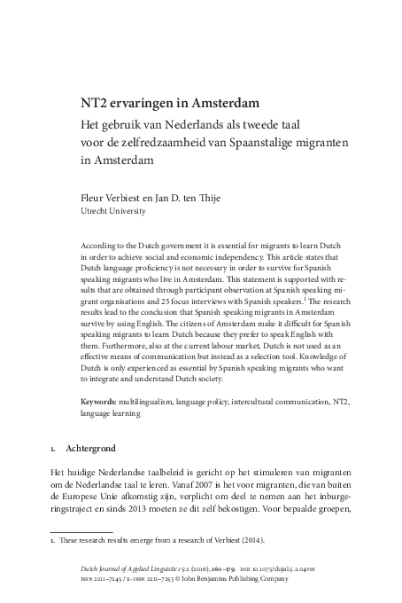 (PDF) NT2 ervaringen in Amsterdam. Het gebruik van Nederlands als ...
