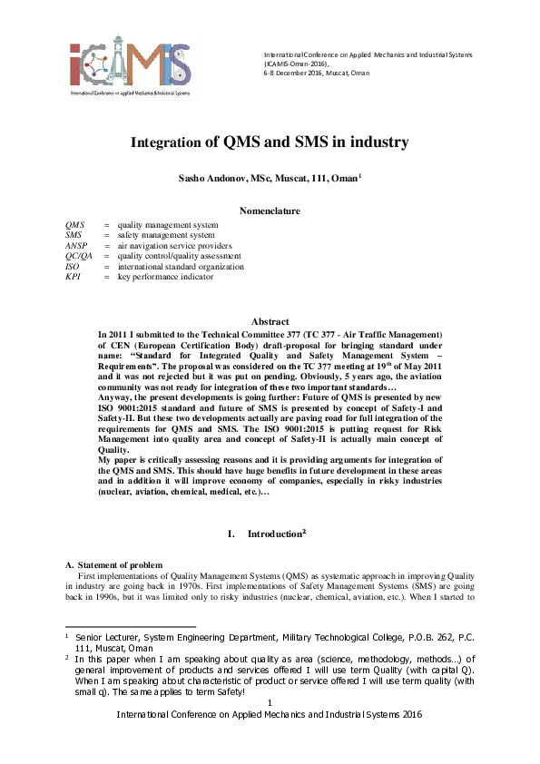 (PDF) Integration of QMS and SMS in industry
