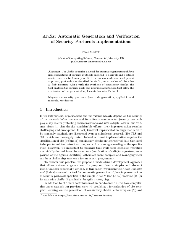 Pdf Anbx Automatic Generation And Verification Of Security Protocols Implementations