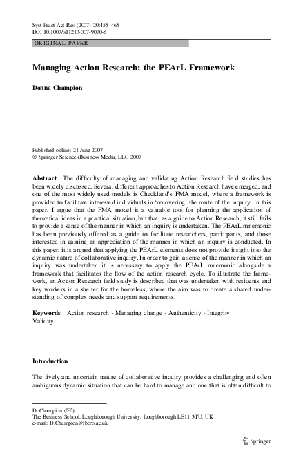 (PDF) Managing Action Research: The PEArL Framework