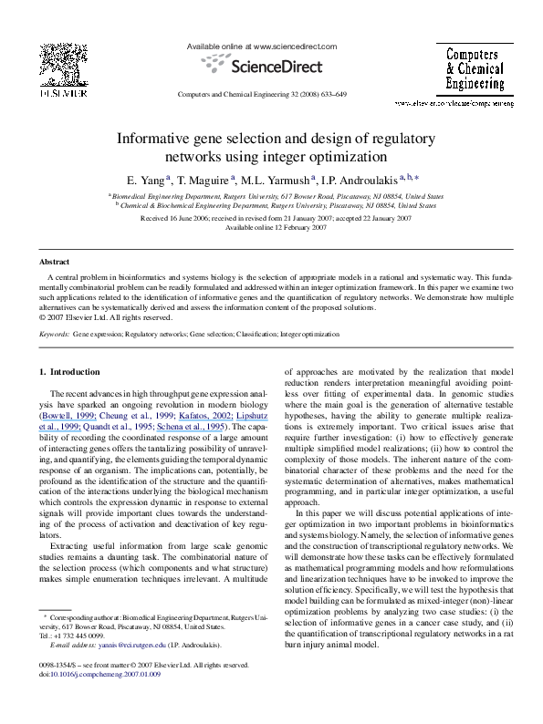 Pdf Informative Gene Selection And Design Of Regulatory Networks Using Integer Optimization